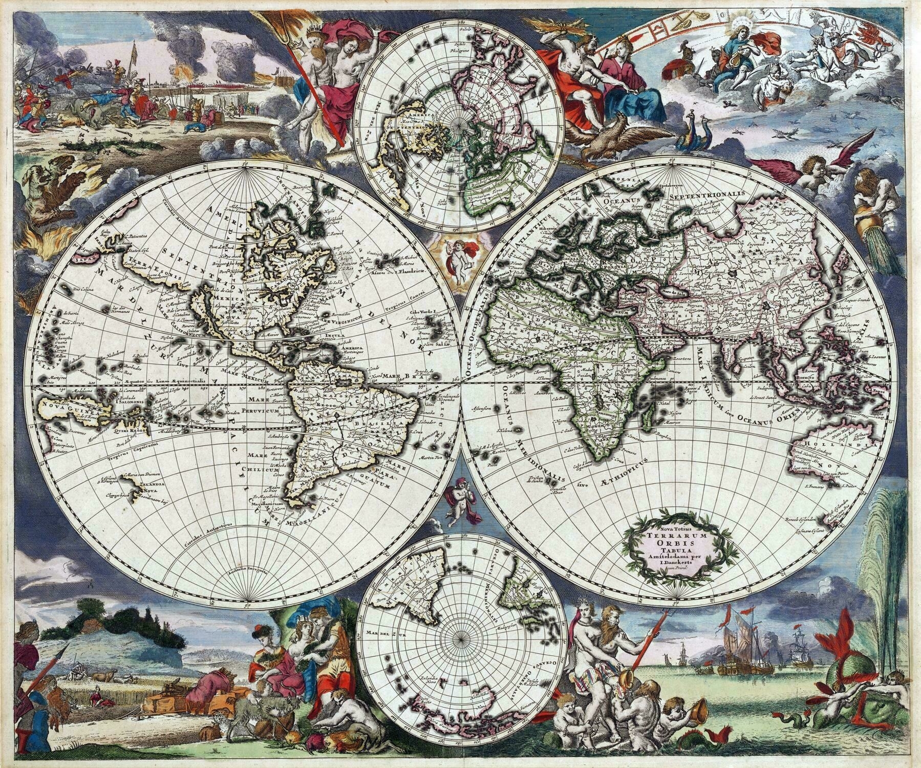 1685 double hemispherical world map, with two polar circles - by Justus ...
